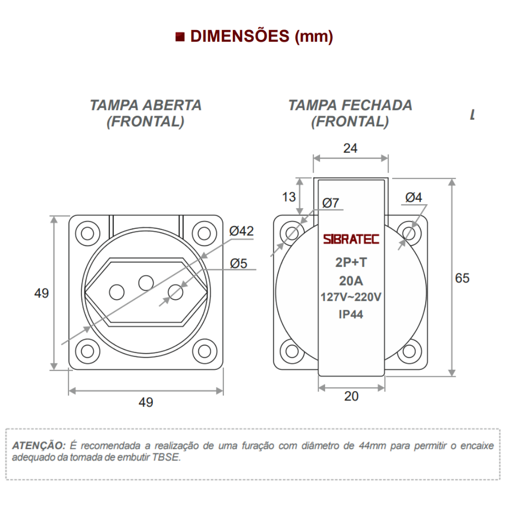Tomada 2P+T Embutir Padrão Brasileiro 20A Vermelho com Tampa