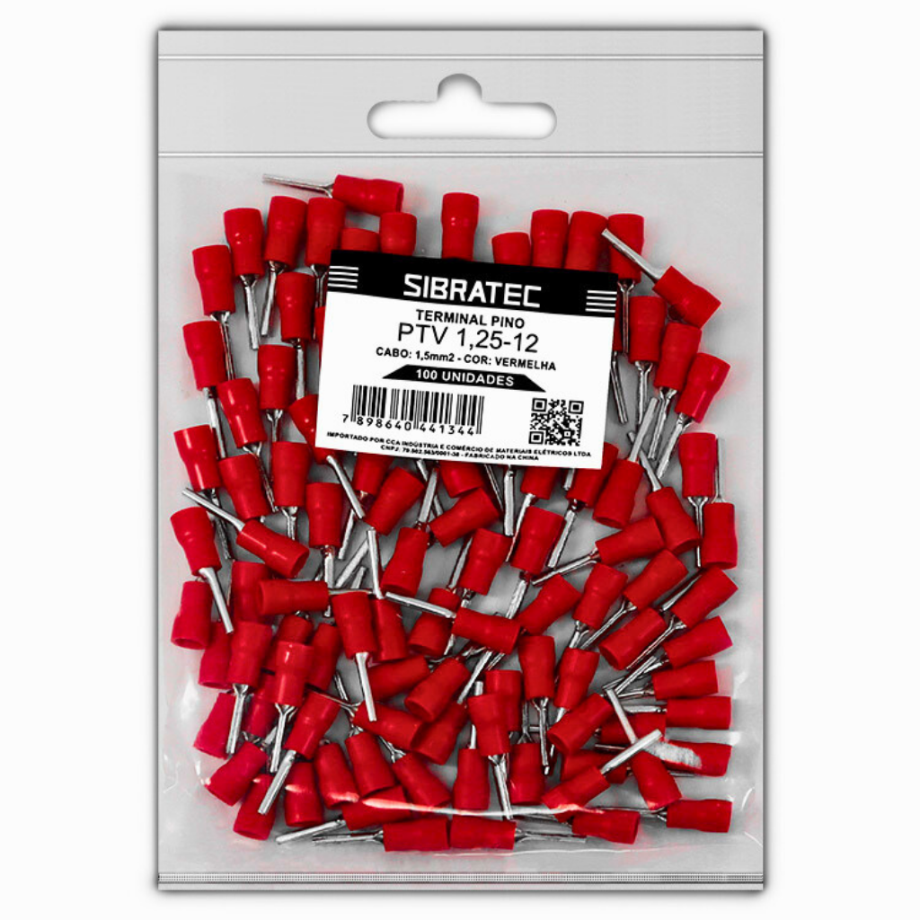Kit Terminal Pré-Isolado Pino PTV | Cabo 1,5mm² | Vermelho